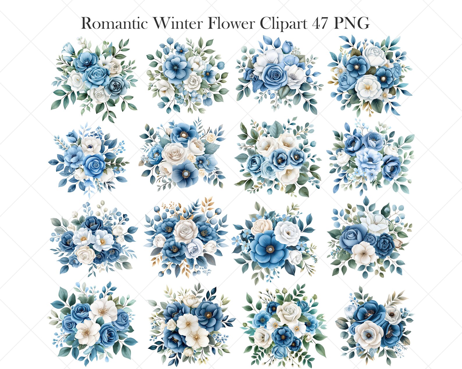 Winter Flower PNG, Watercolor Blue Floral Clipart Bundle, Wedding ...