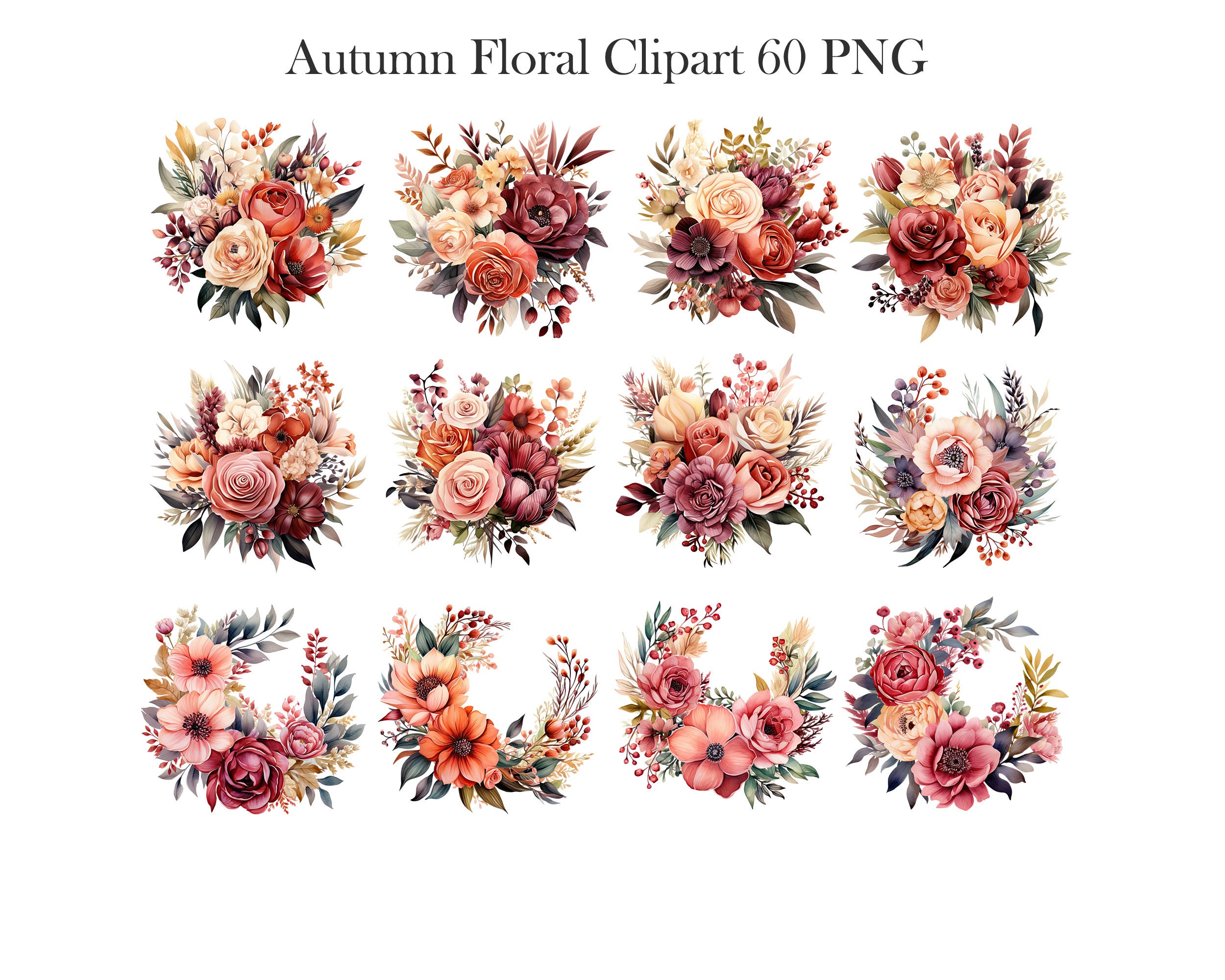 Autumn Flower PNG, Watercolor Fall Flower Clipart Bundle, Floral Border ...