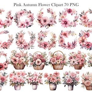 Pink Autumn Flower PNG, Watercolor Fall Flower Clipart Bundle, Wreath ...