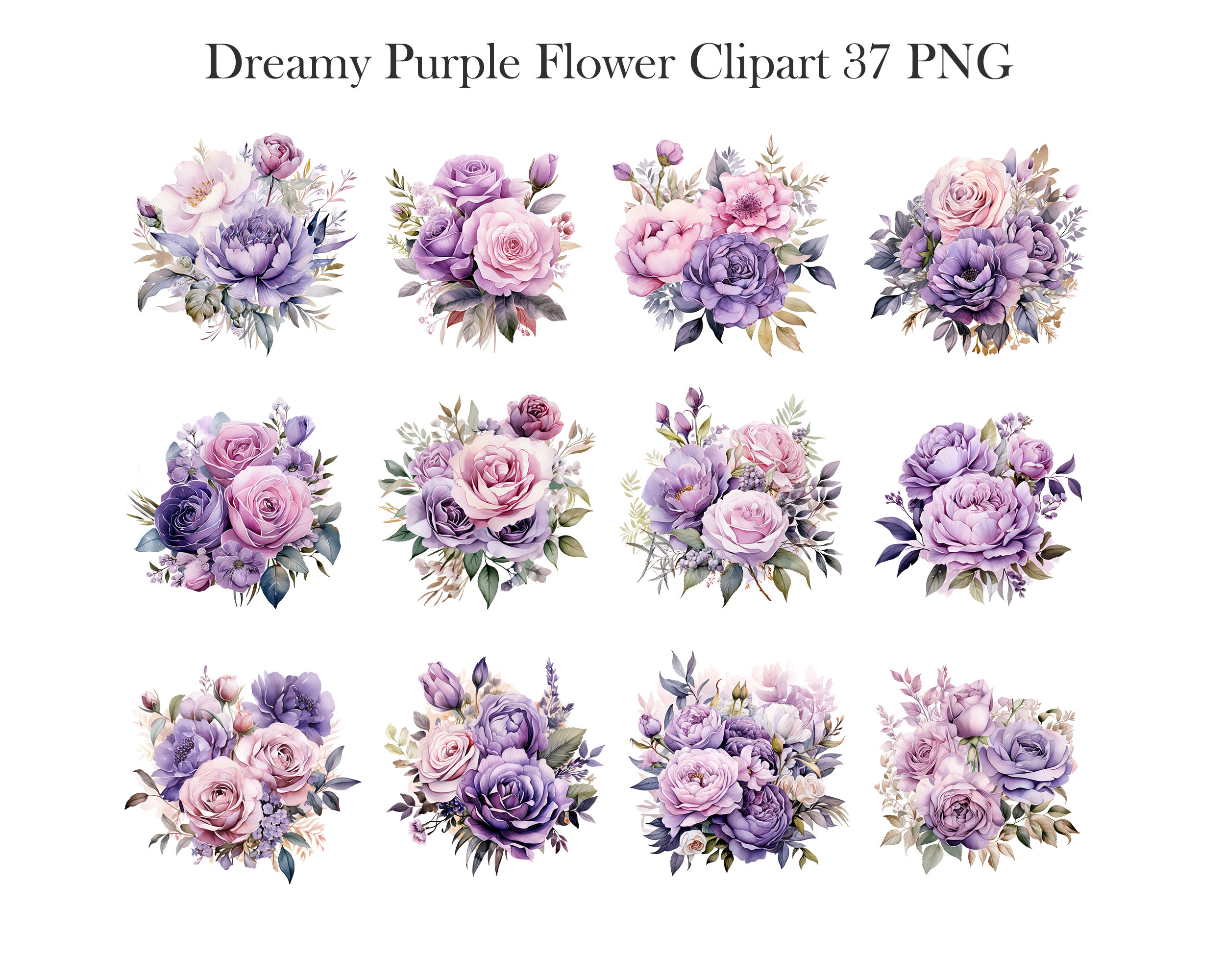 Purple Flower PNG, Watercolor Purple Floral Clipart, Wedding Bouquet ...
