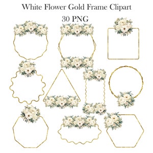White Flower Frame Clipart, Watercolor White Floral Gold Frame PNG ...