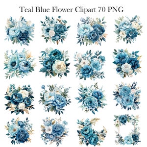 Teal Blue Flower PNG, Watercolor Blue Floral Clipart Bundle, Winter ...