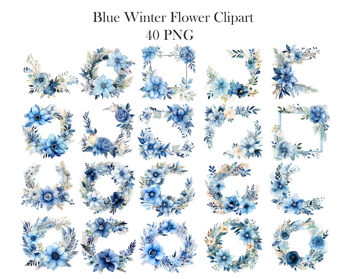 Winter Flower Clipart, Watercolor Blue Floral PNG Bundle, Wedding ...