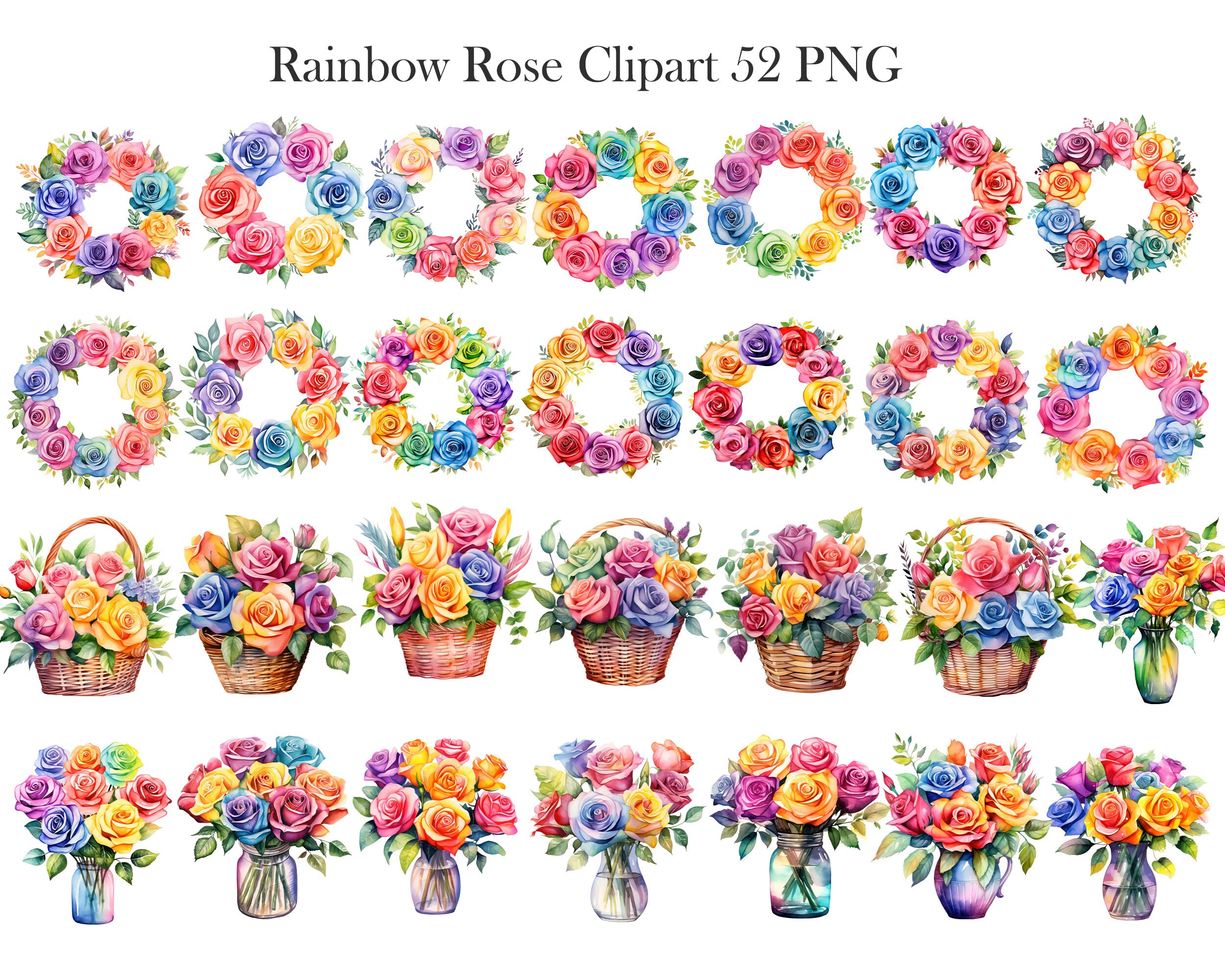 Rainbow Rose PNG, Watercolor Rose Clipart Bundle, Flower Bouquet PNG ...