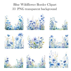 Blue Wildflower Border Clipart, Watercolor Floral Clipart, Flower ...