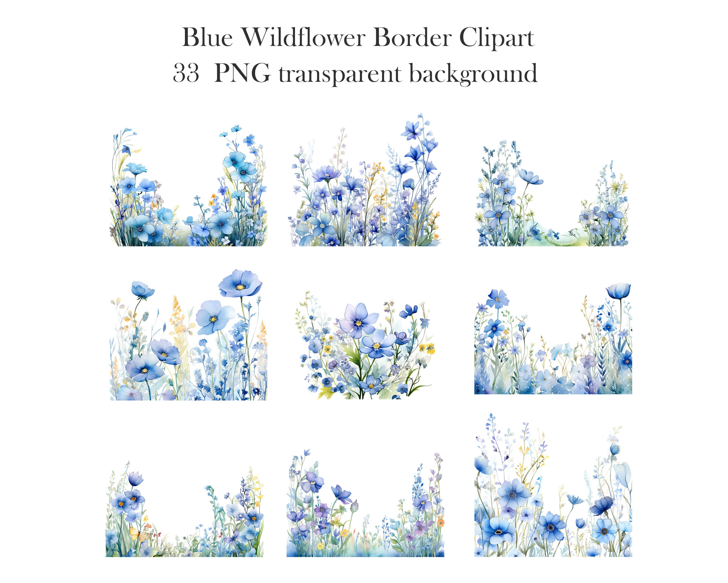 Blue Wildflower Border Clipart, Watercolor Floral Clipart, Flower ...