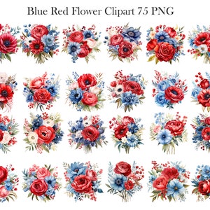 Blue Red Flower PNG, Watercolor Red Blue Floral Clipart Bundle, Flowers ...