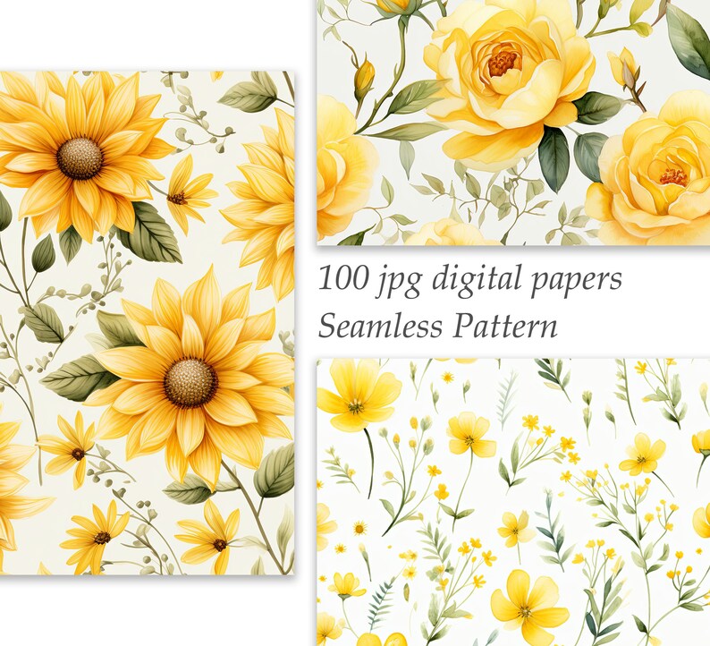 Yellow Flower Digital Paper, Flower Seamless Pattern, Watercolor Floral ...