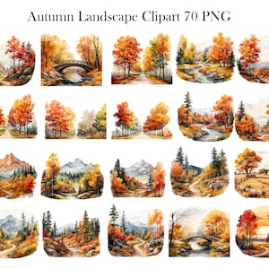 Autumn Landscape Clipart, Watercolor Fall Landscape PNG Bundle, Autumn ...