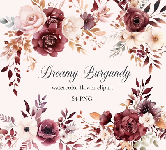 Clip Art Floral Burdeos Burgundy Blush Floral Clipart, Watercolor Fall