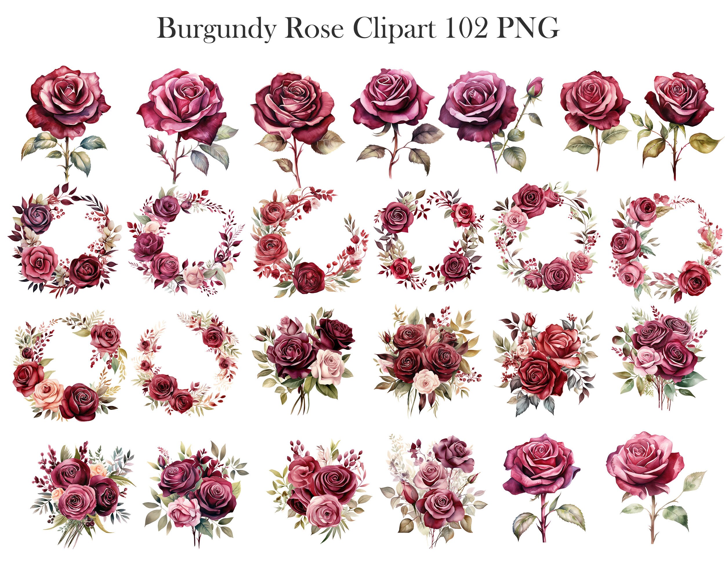 Burgundy Rose PNG, Watercolor Burgundy Rose Clipart Bundle, Wedding ...