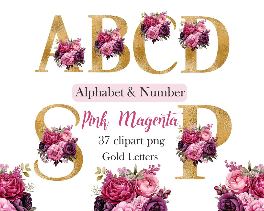 Pink Magenta Floral Alphabet PNG, Pink Flower Alphabet Clipart, Gold ...