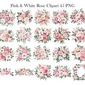 Pink White Rose Clipart, Watercolor Flower Clipart Bundle, Rose PNG ...