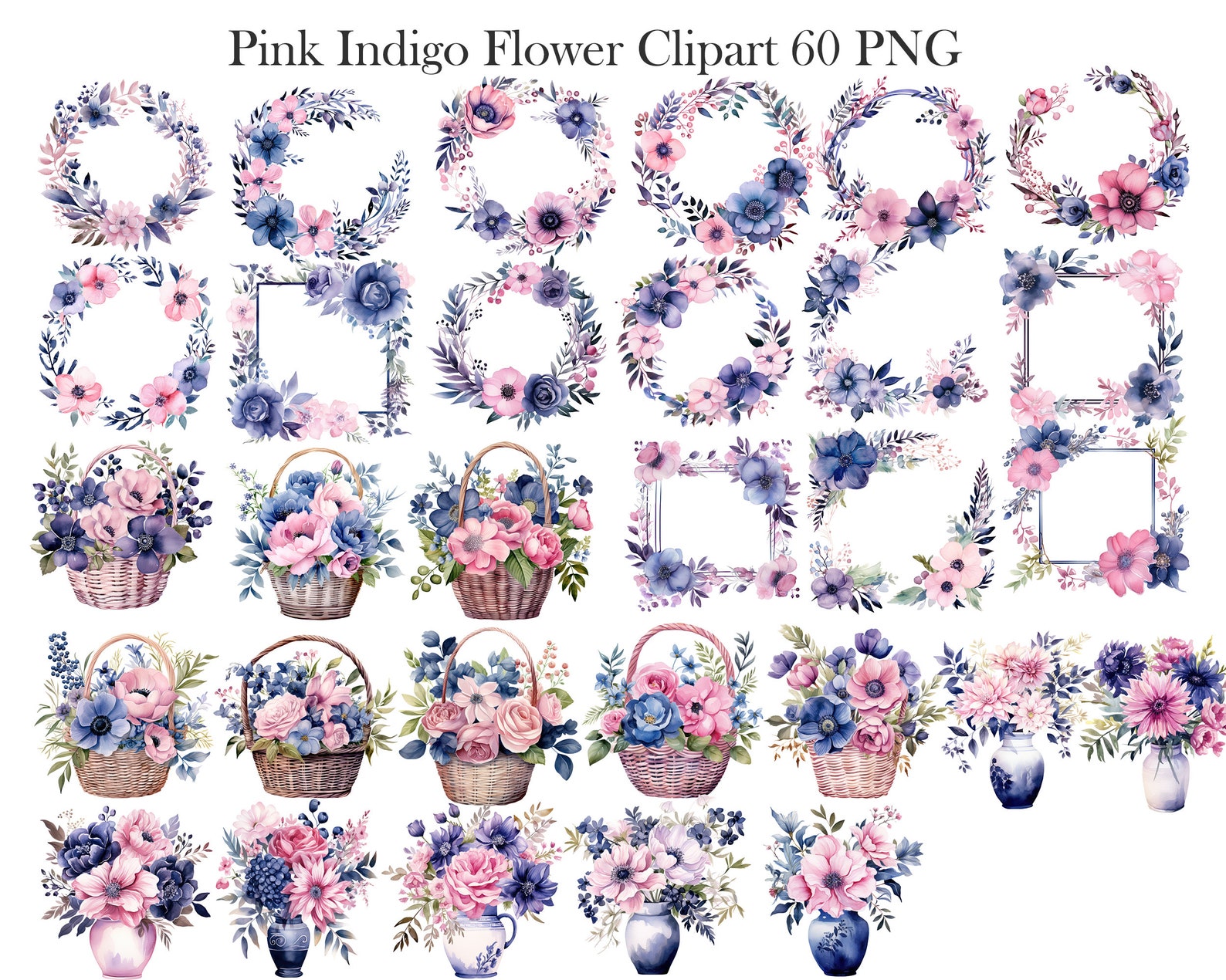 Pink Indigo Flower Clipart, Watercolor Flower PNG, Floral Bouquet ...