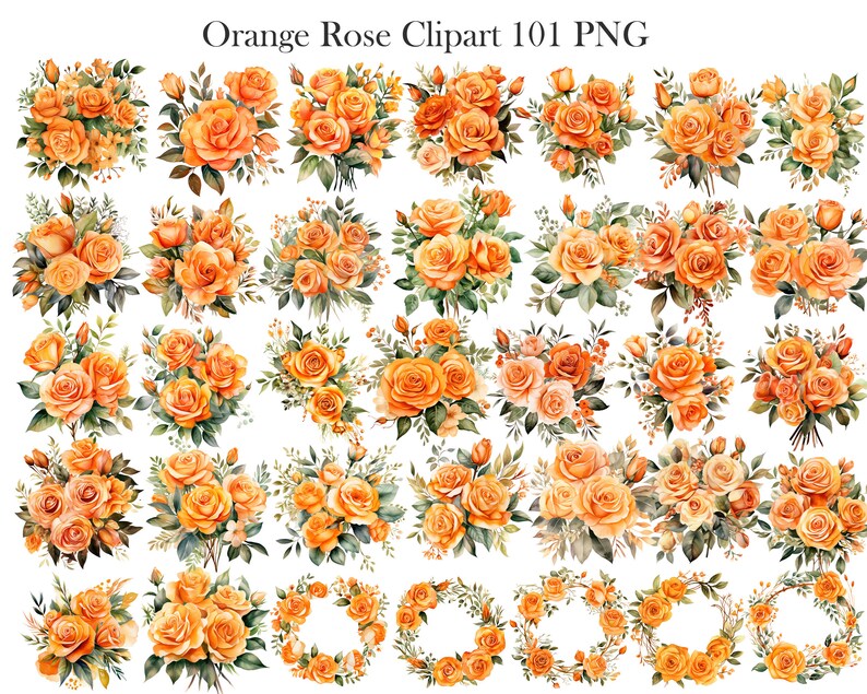 Orange Rose PNG, Watercolor Orange Rose Clipart Bundle, Wedding Bouquet ...