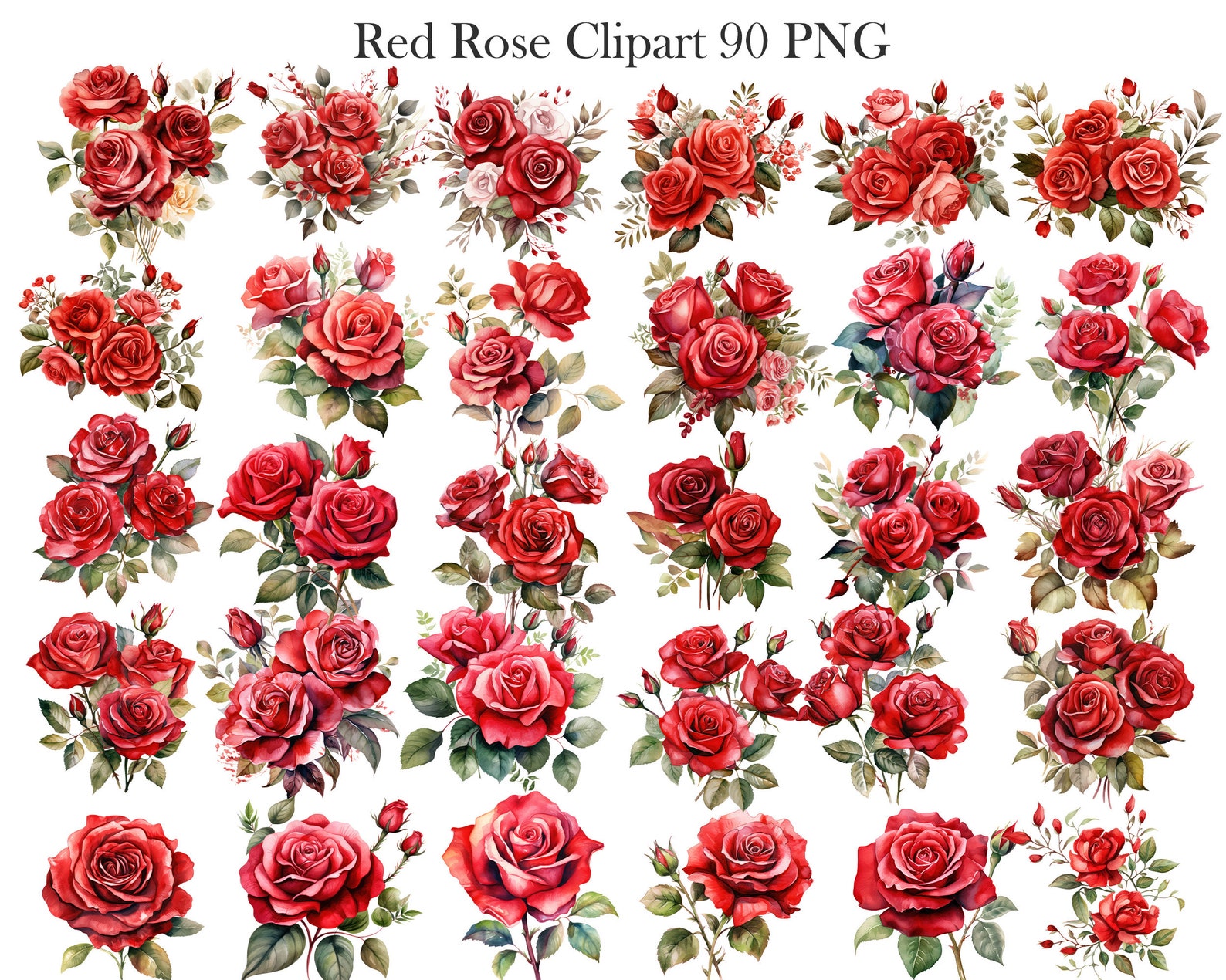 Red Rose PNG, Watercolor Red Rose Clipart Bundle, Wedding Bouquet PNG ...