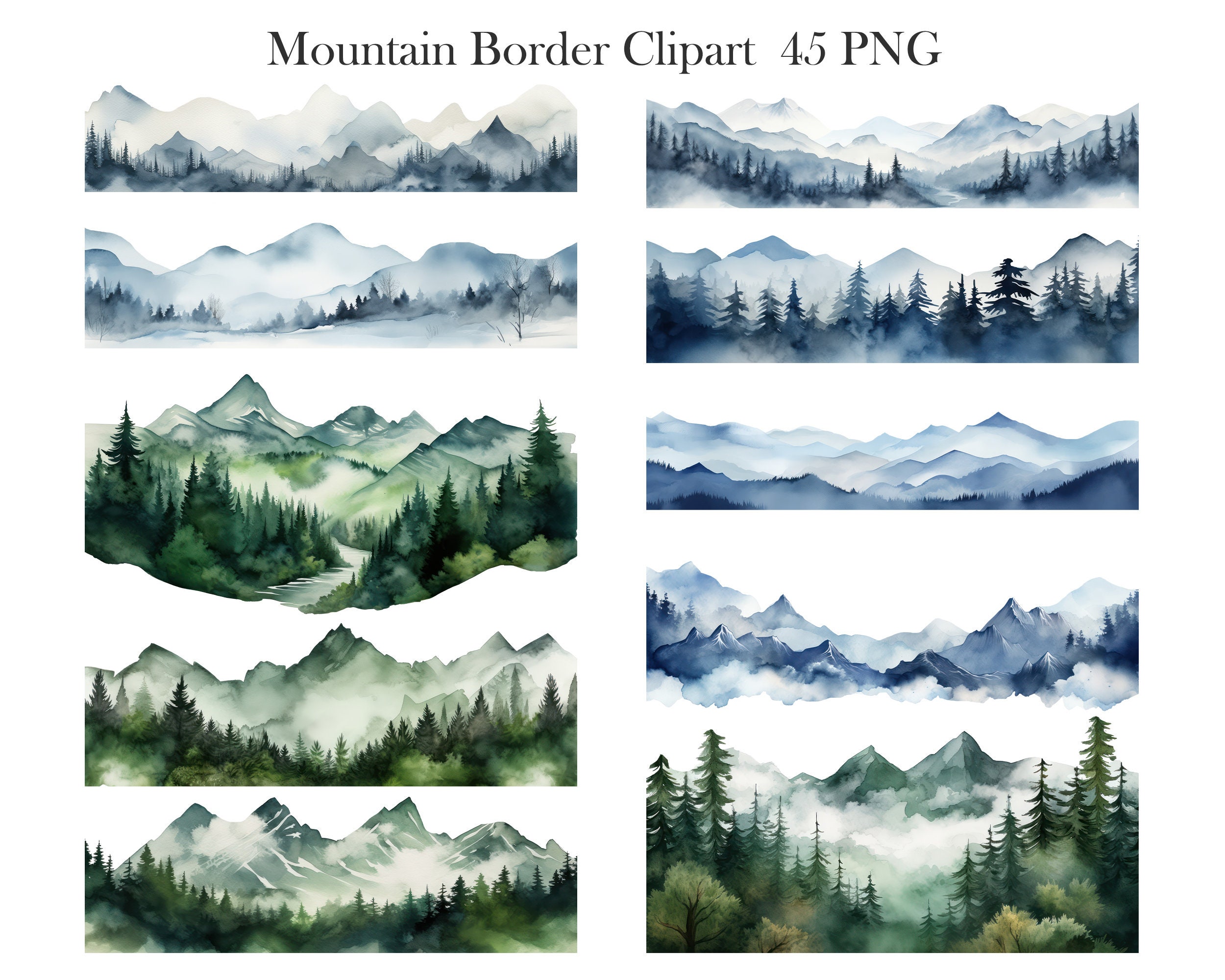 Mountain Clipart, Mountain Border, Mountain PNG, Watercolor Mountain ...