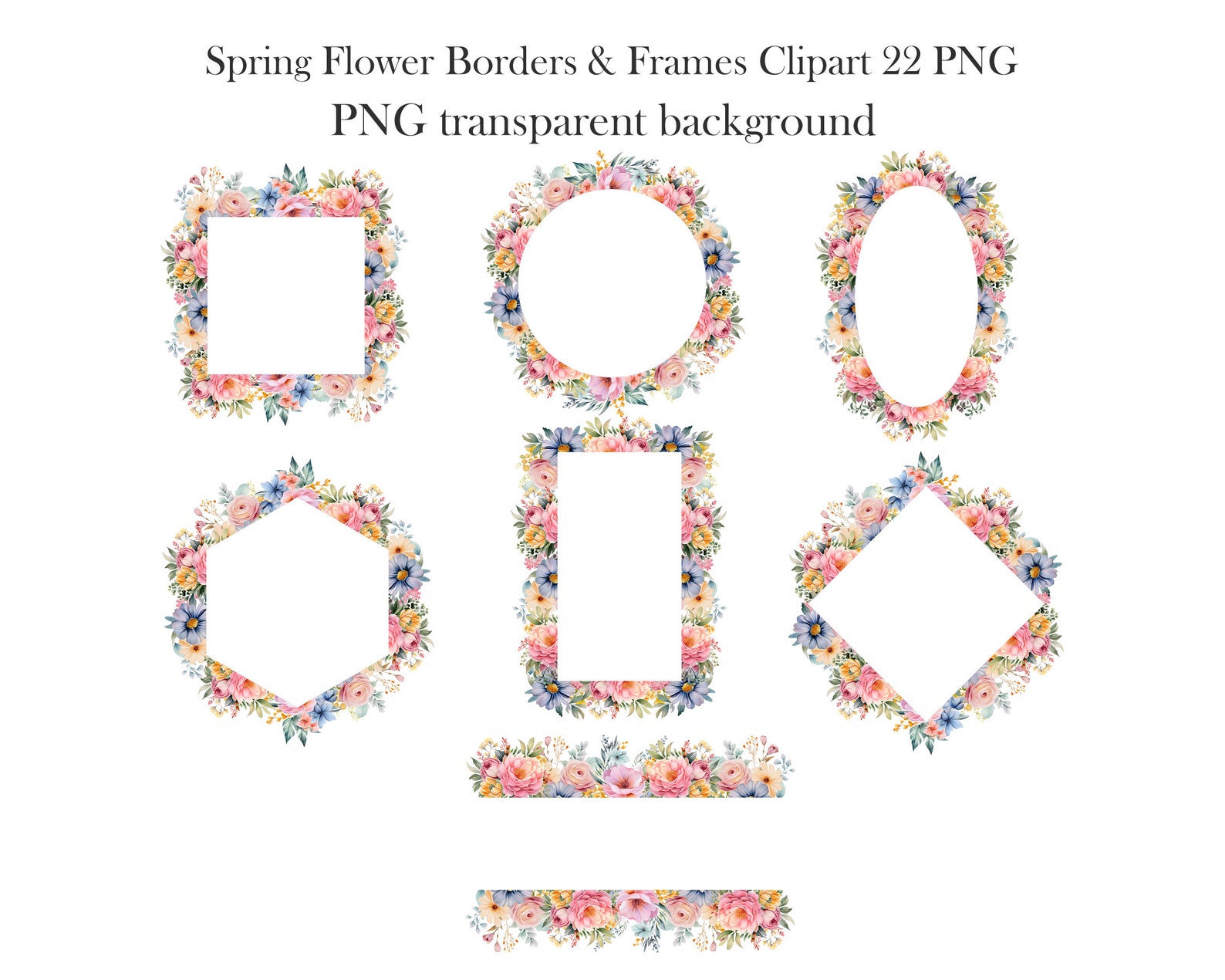 Spring Flower Border Clipart, Watercolor Flower PNG Bundle, Spring ...