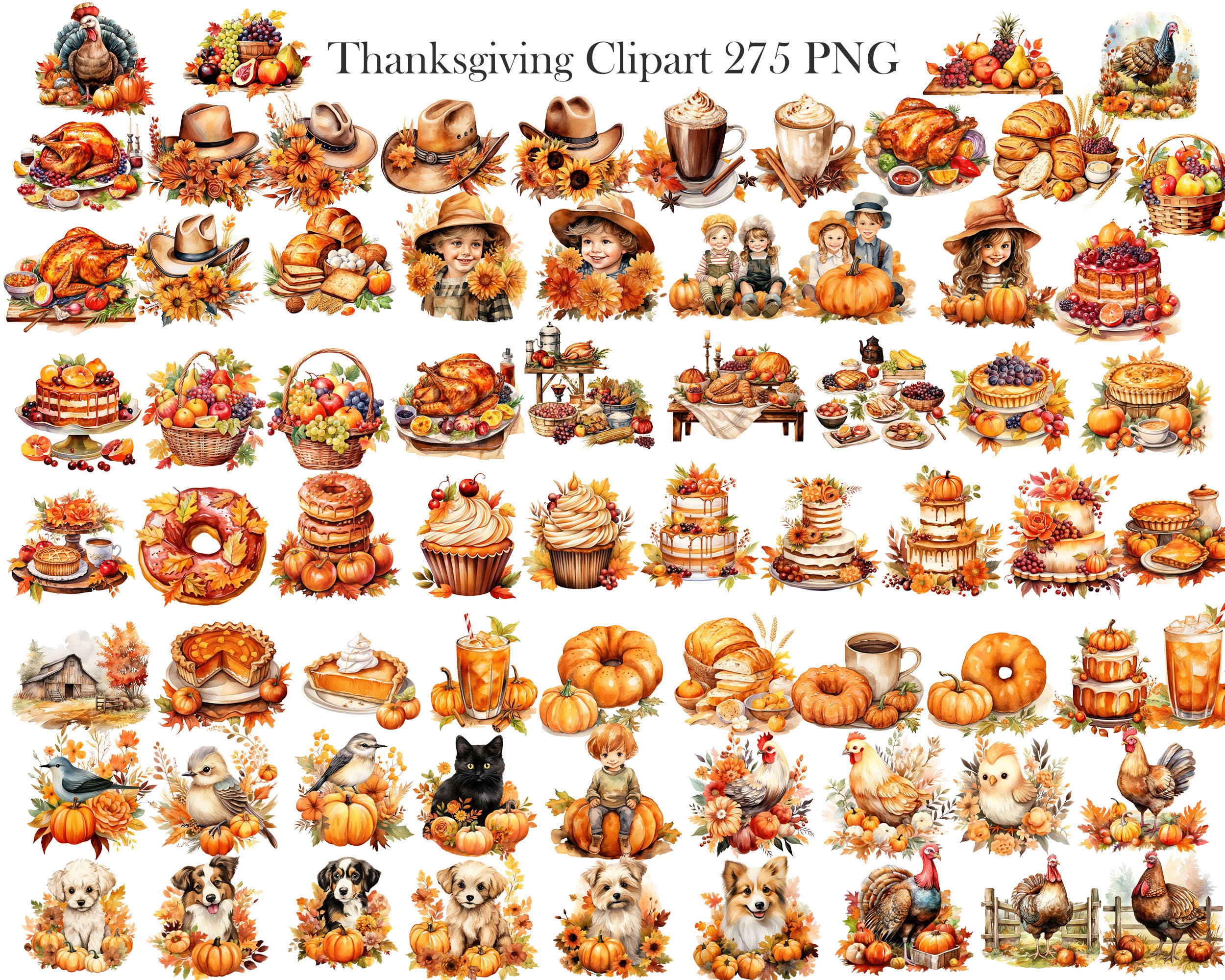 Thanksgiving PNG Bundle, Watercolor Thanksgiving Clipart Bundle, Fall ...