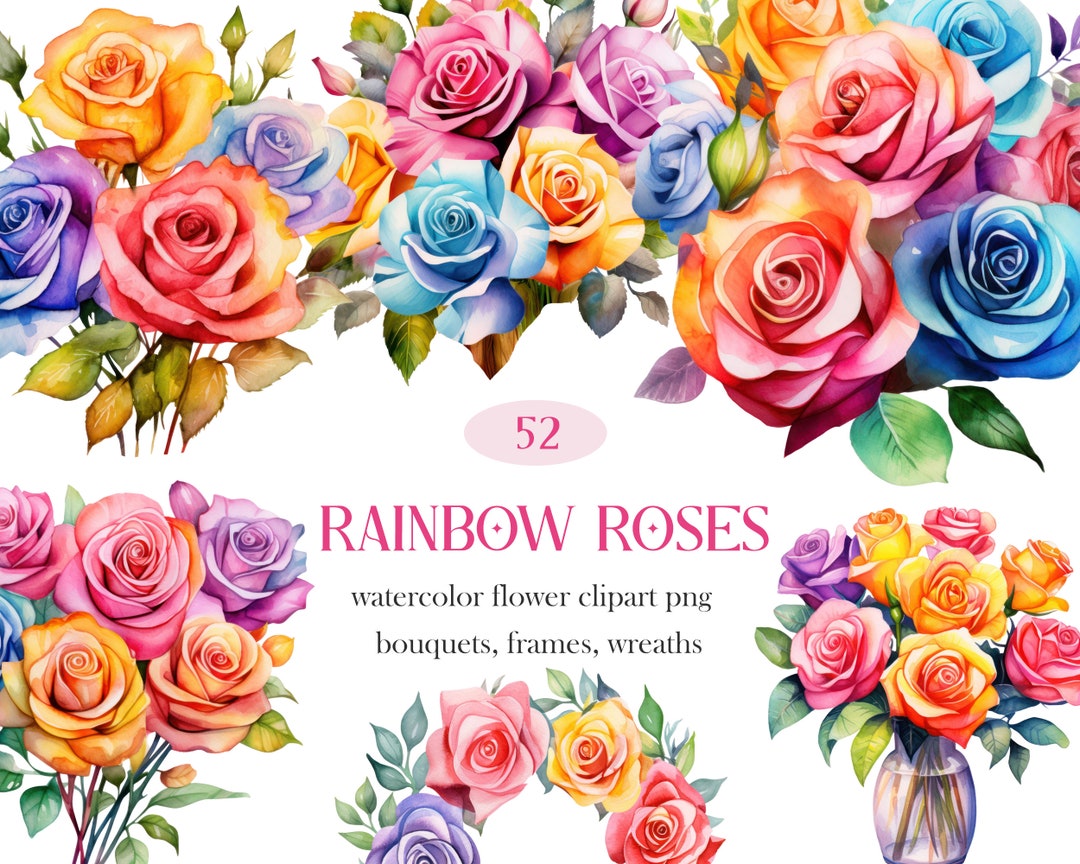 Rainbow Rose PNG, Watercolor Rose Clipart Bundle, Flower Bouquet PNG ...