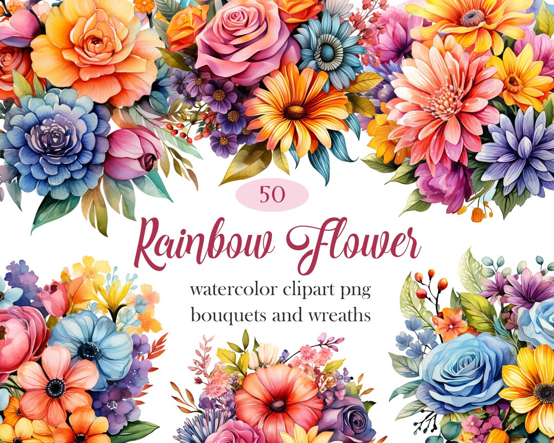 Rainbow Flower PNG, Watercolor Floral Clipart Bundle, Colorful Flower ...
