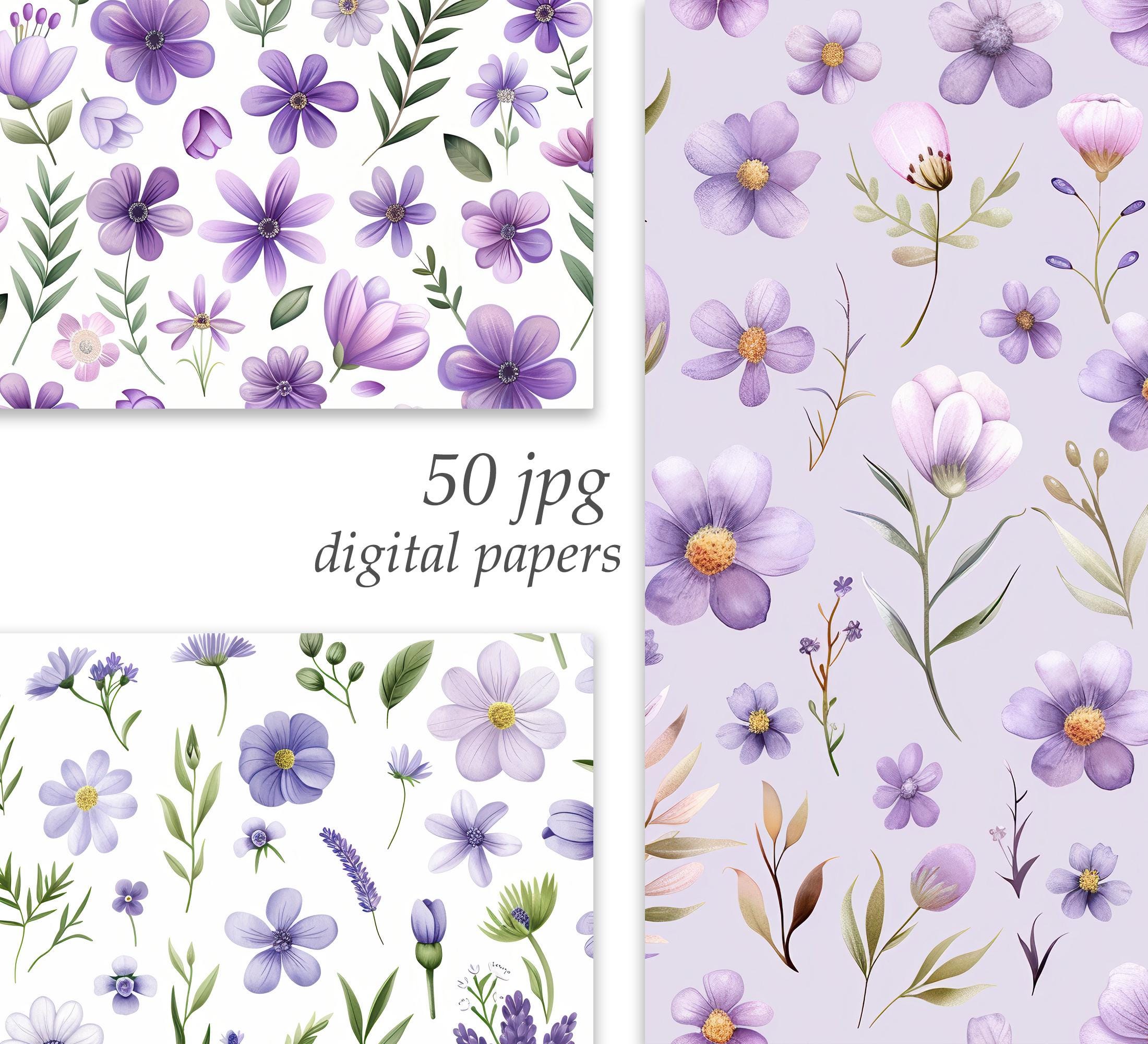Purple Flower Digital Paper, Watercolor Purple Floral Background ...