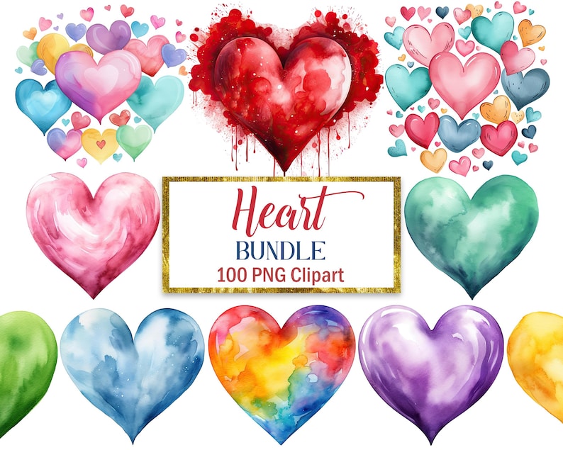 Heart PNG, Watercolor Heart Clipart Bundle, Valentine, Digital Download ...