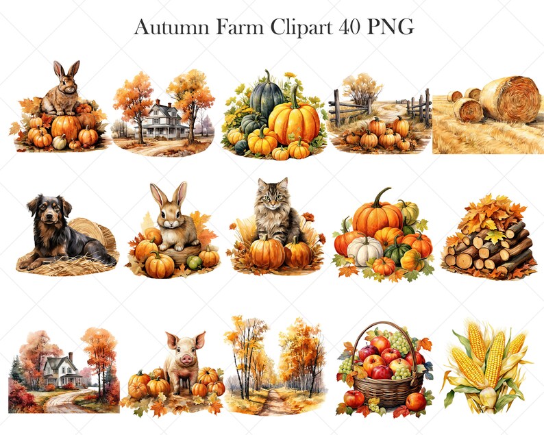 Autumn Farm Clipart, Watercolor Fall Farm PNG, Fall Sublimation ...