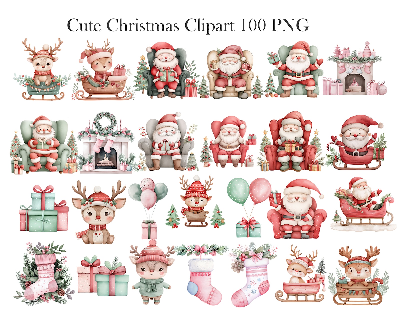 Cute Christmas Clipart Bundle, Watercolor Christmas PNG, Christmas ...