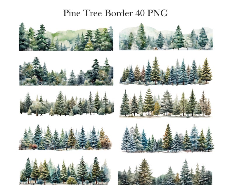 Pine Tree Border Clipart, Watercolor Christmas Tree Borders PNG, Tree ...