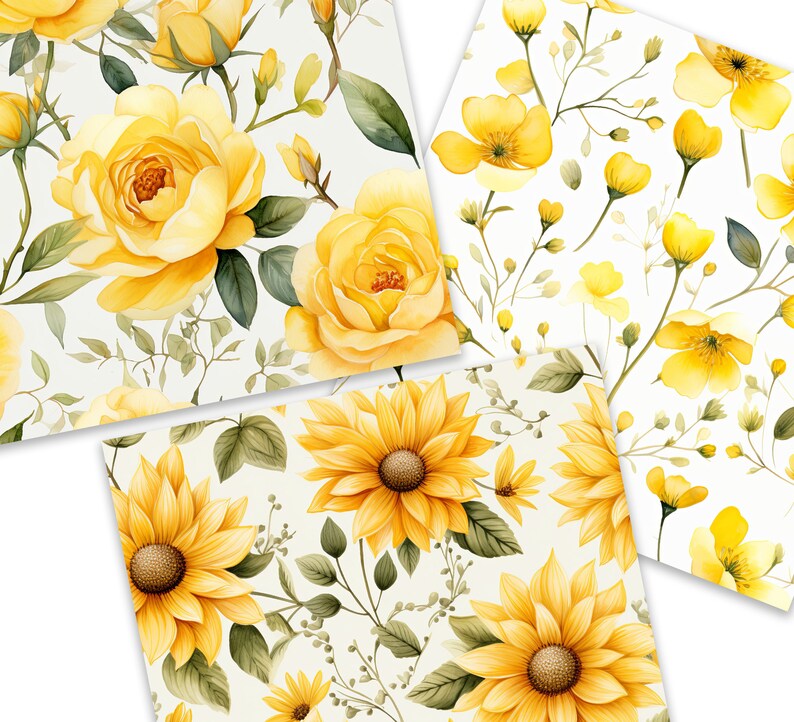 Yellow Flower Digital Paper, Flower Seamless Pattern, Watercolor Floral ...
