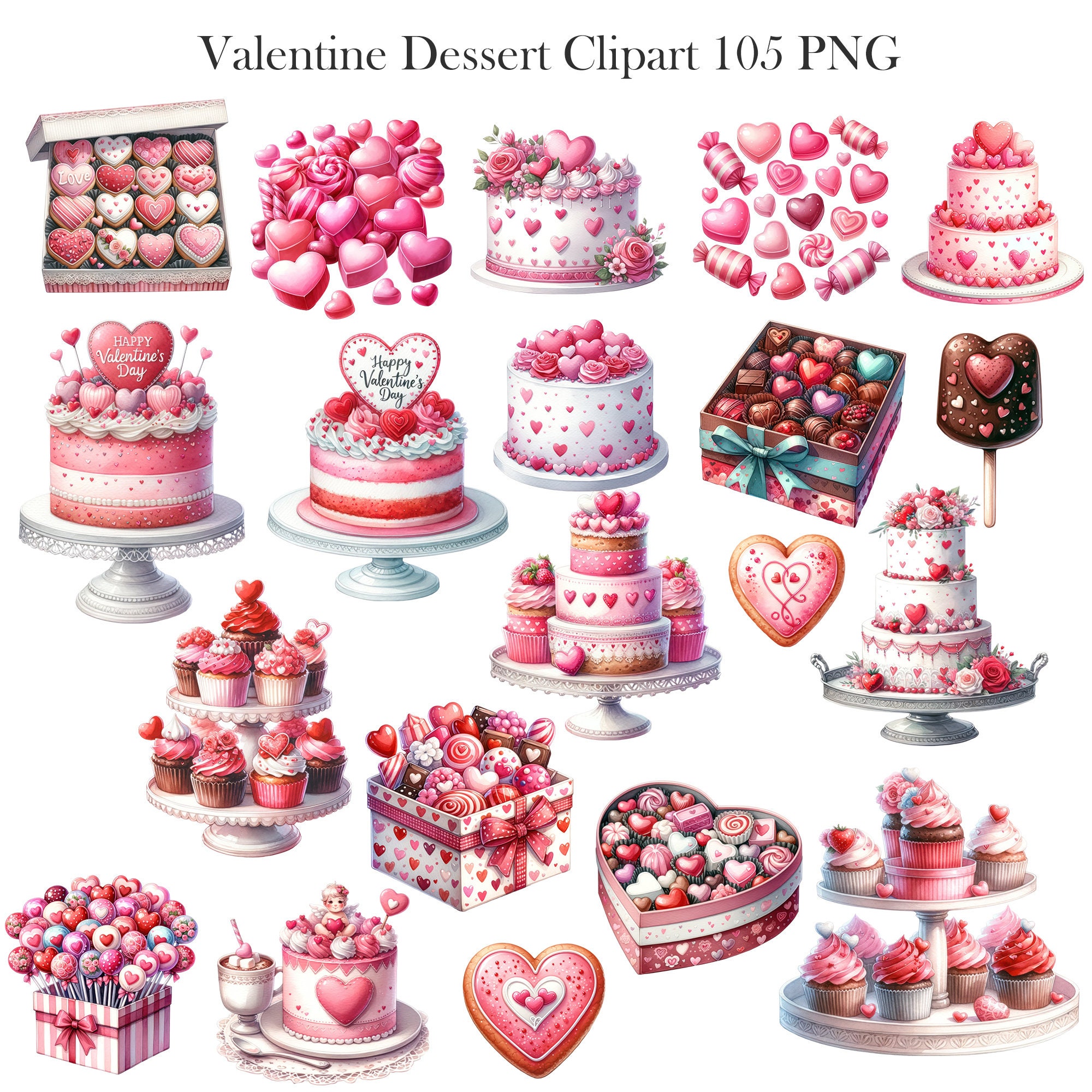 Valentine Dessert Clipart Bundle, Watercolor Valentine PNG, Valentine ...