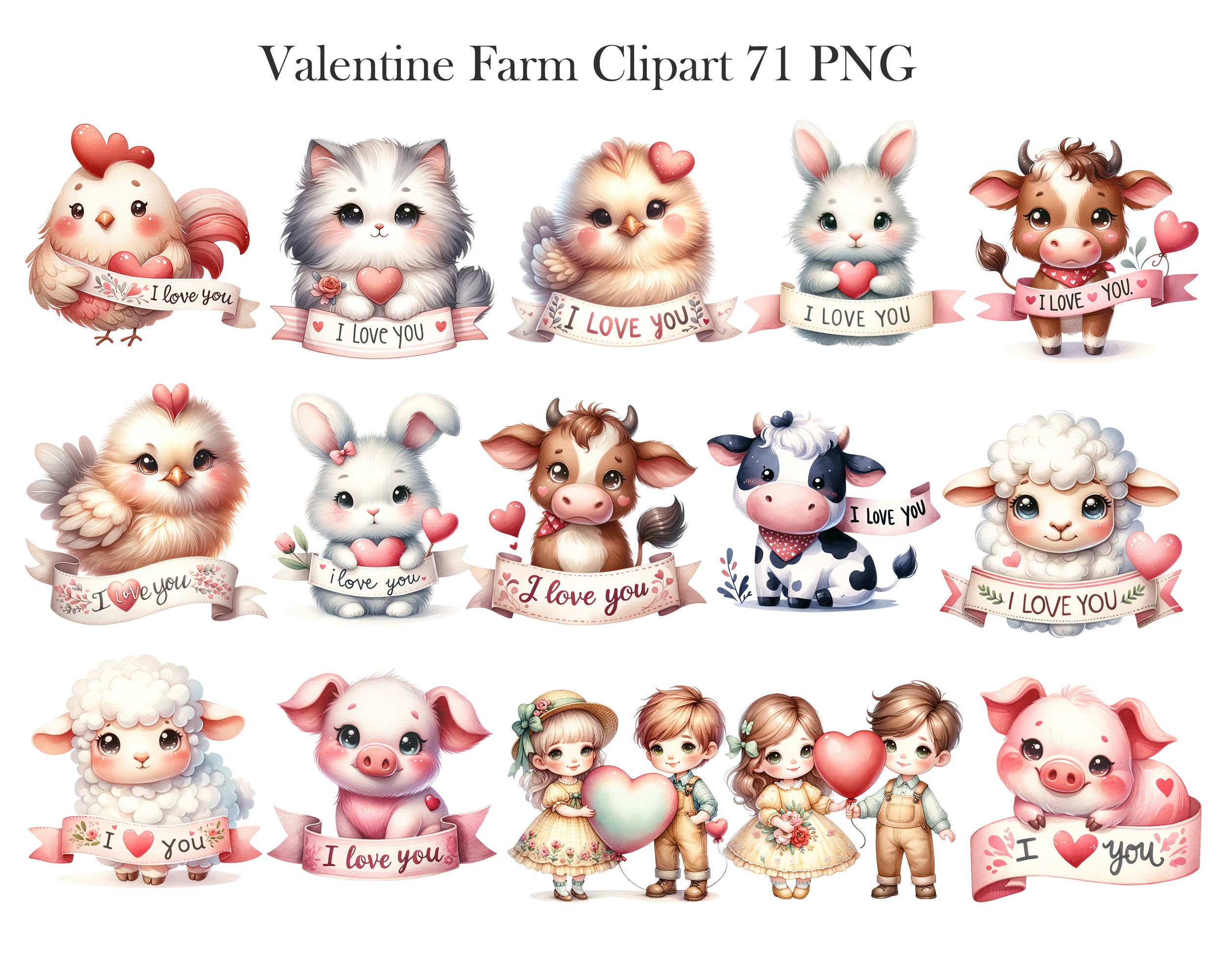 Valentine Farm PNG, Watercolor Valentine Farm Clipart Bundle, Valentine ...
