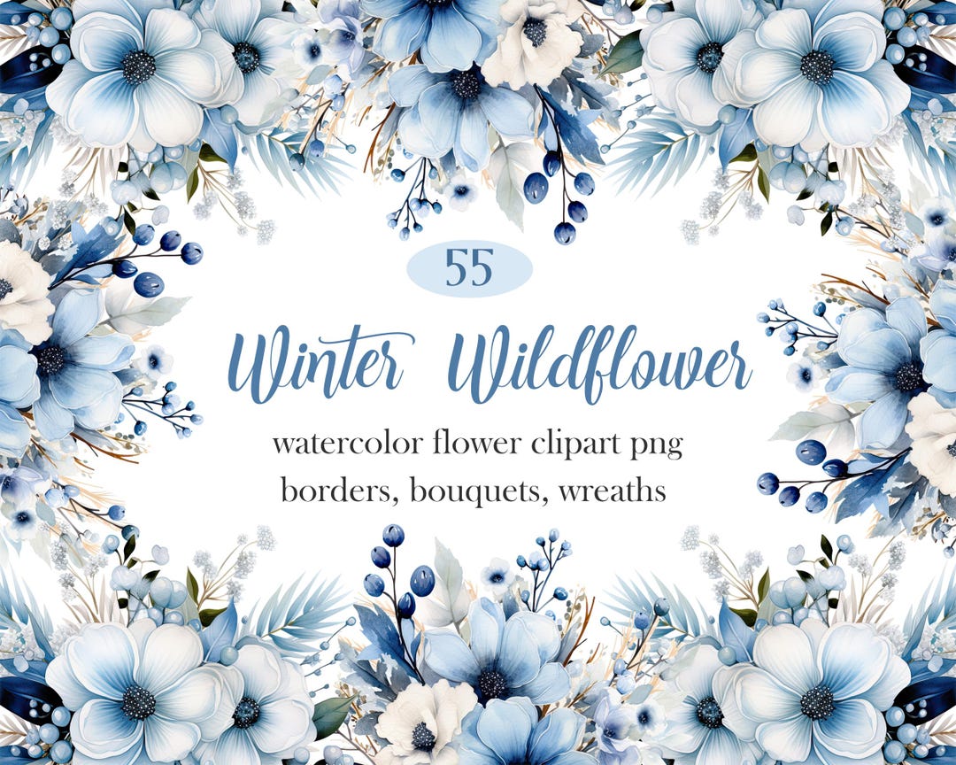 Winter Wildflower PNG, Watercolor Blue Flower Clipart, Flower Border ...
