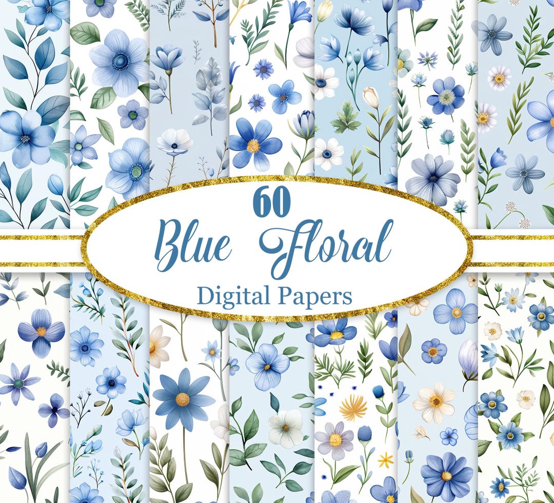 Blue Flower Digital Paper, Watercolor Blue Floral Background, Spring ...