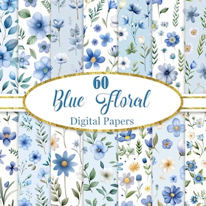 Blue Flower Digital Paper, Watercolor Blue Floral Background, Spring ...