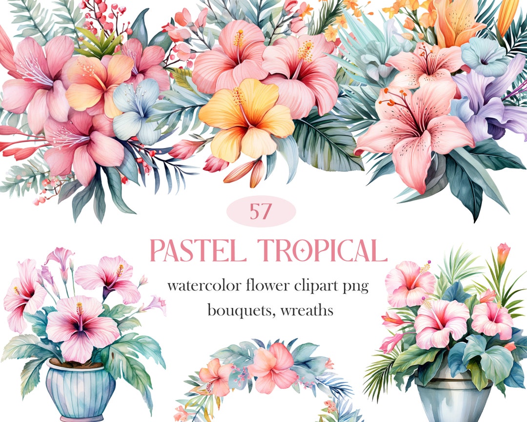 Pastel Tropical Flower Clipart, Summer Flower PNG, Watercolor Floral ...