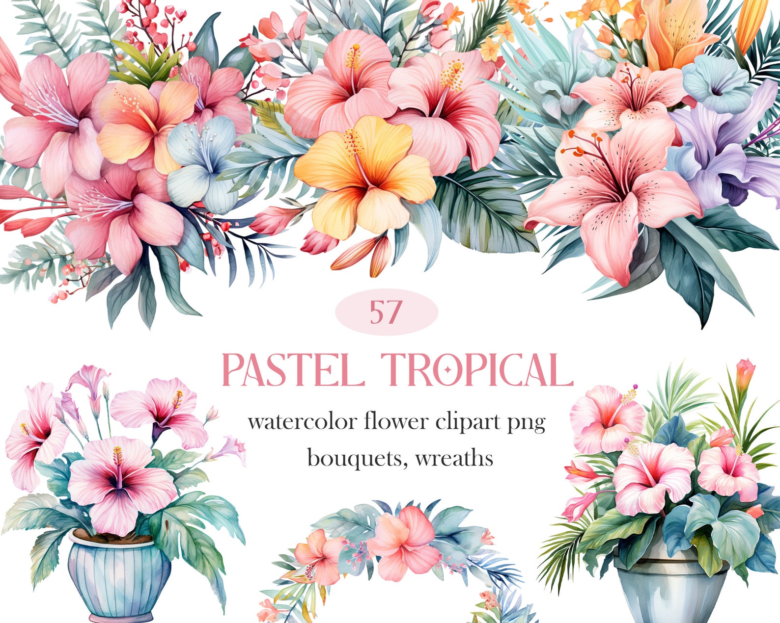 Pastel Tropical Flower Clipart, Summer Flower PNG, Watercolor Floral ...