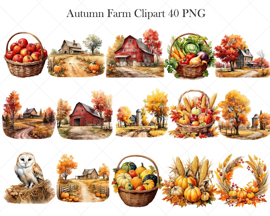 Autumn Farm Clipart, Watercolor Fall Farm PNG, Fall Sublimation ...