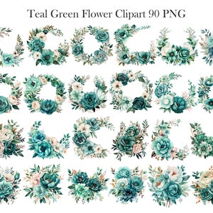 Teal Green Flower PNG, Watercolor Green Floral Clipart Bundle, Spring ...
