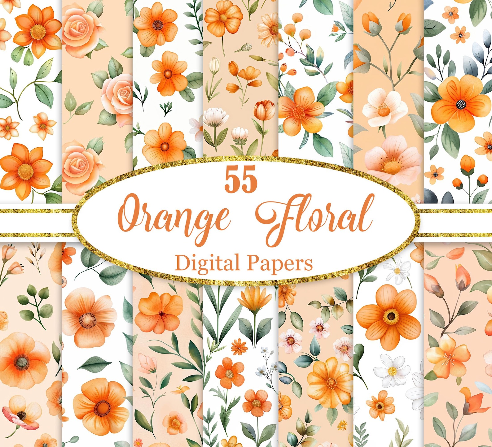 Orange Flower Digital Paper, Watercolor Orange Floral Background ...