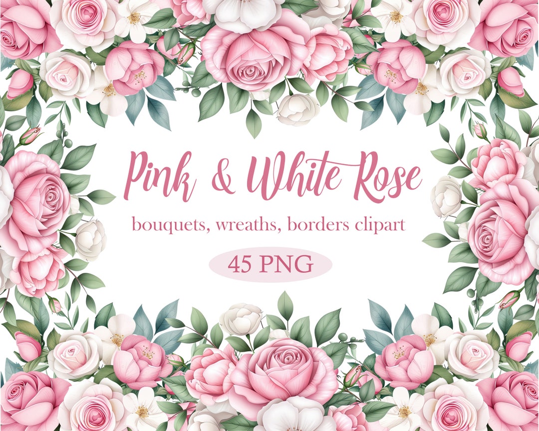 Pink White Rose Clipart, Watercolor Flower Clipart Bundle, Rose PNG ...
