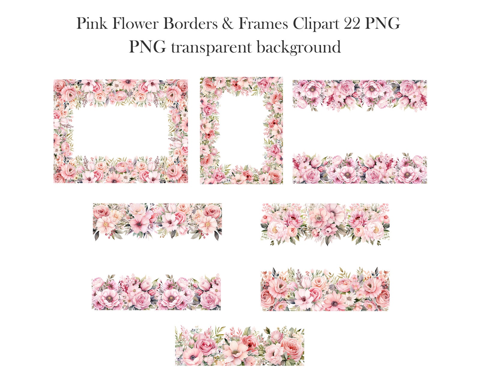 Pink Flower Border Clipart, Watercolor Floral Clipart Bundle, Pink ...