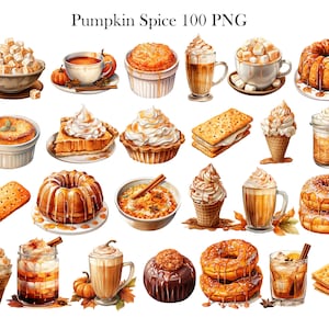 Pumpkin Spice Clipart, Watercolor Autumn Sweet Treats PNG, Fall Dessert ...