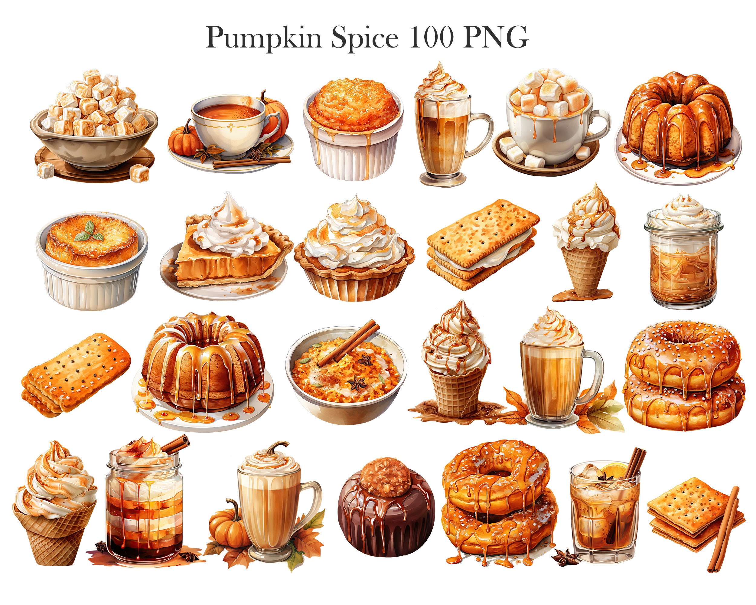 Pumpkin Spice Clipart, Watercolor Autumn Sweet Treats PNG, Fall Dessert ...