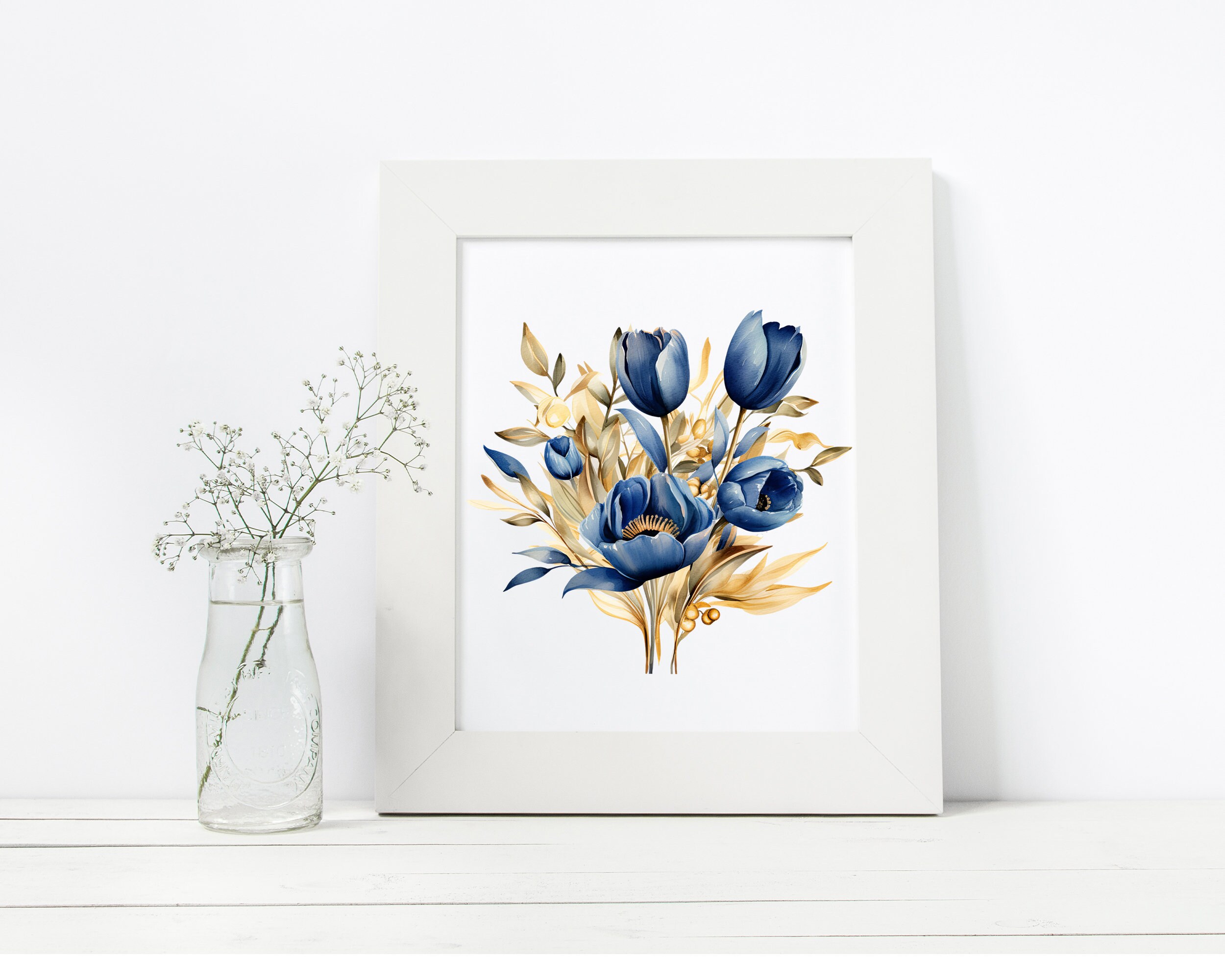 Indigo Gold Flower PNG, Watercolor Blue Floral Clipart Bundle, Wedding ...