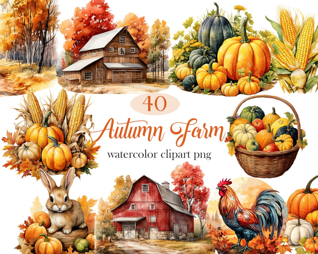 Autumn Farm Clipart, Watercolor Fall Farm PNG, Fall Sublimation ...