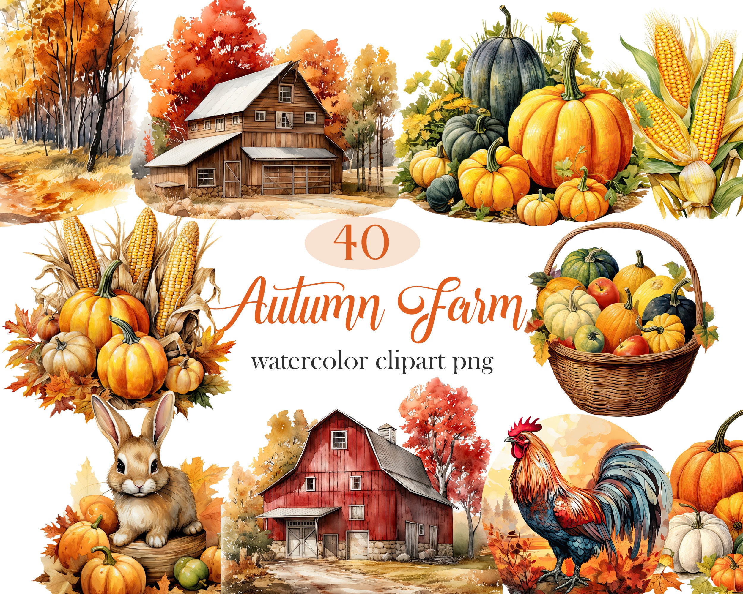 Autumn Farm Clipart, Watercolor Fall Farm PNG, Fall Sublimation ...