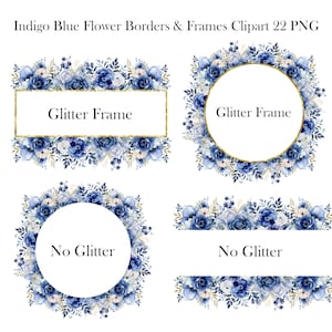 Indigo Blue Flower Border Clipart, Watercolor Flower Borders PNG Bundle ...