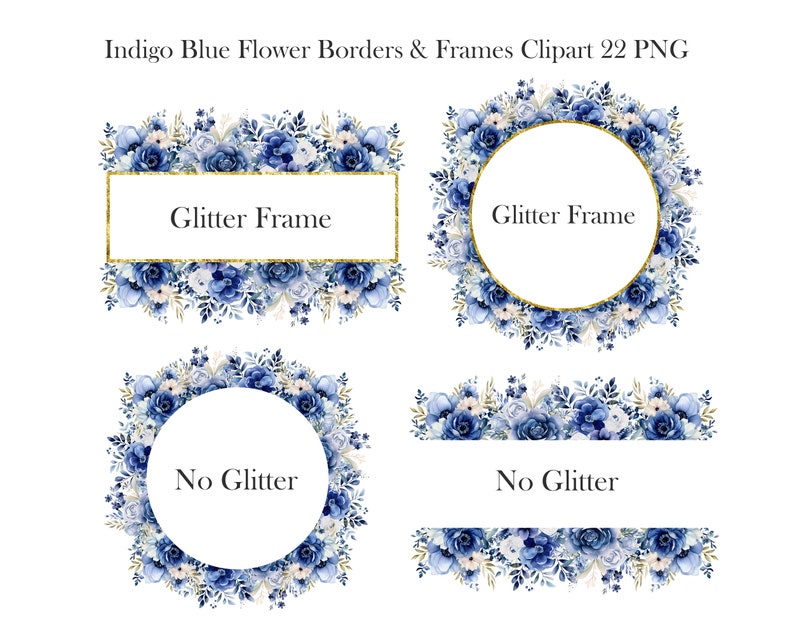 Indigo Blue Flower Border Clipart, Watercolor Flower Borders PNG Bundle ...